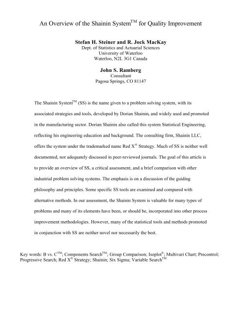 An Overview of the Shainin System for Quality Improvement