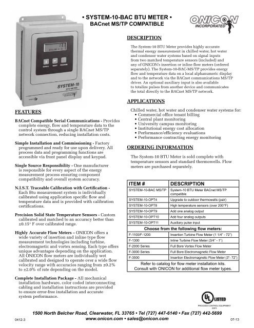 â ¢ SYSTEM-10-BAC BTU METER â ¢ - Onicon