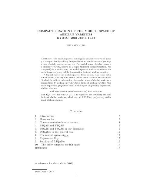 Compactification Of The Moduli Space Of Abelian Varieties Kyoto