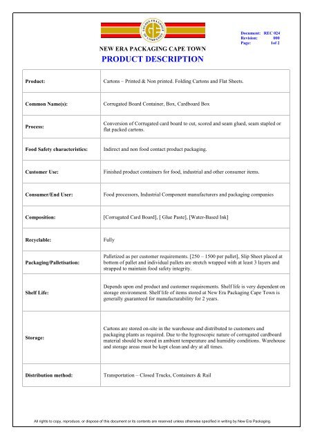BRC - New Era - REC024 Product Descriptions - Cartons - Kaap Agri