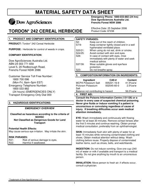 496500 Tordon 242 Cereal Herbicide MSDS Sept 06 - Agsure