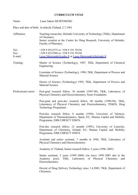 CURRICULUM VITAE Name: Lasse Sakari ... - Helsinki.fi