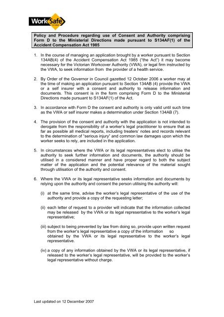Policy & Procedure regarding use and consent of Form D