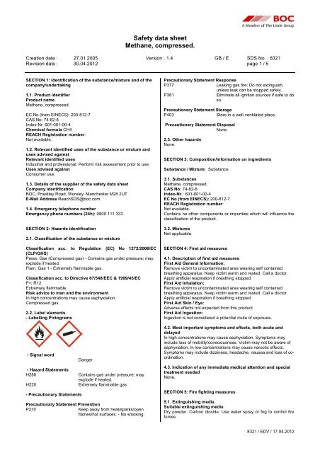 Safety data sheet Methane, compressed. - BOConline UK