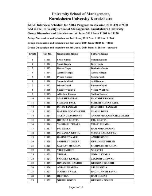 new MBA Applicant List 2011-12(GD _ - Kurukshetra University