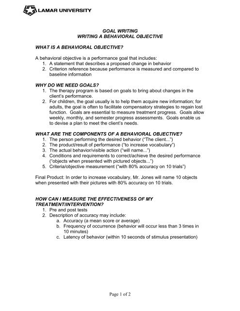Page 1 of 2 GOAL WRITING WRITING A BEHAVIORAL OBJECTIVE ...