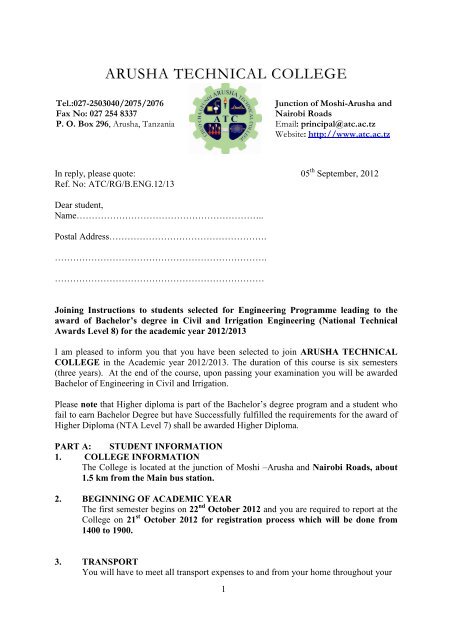 joining Instruction 2012 Final B eng - Arusha Technical College