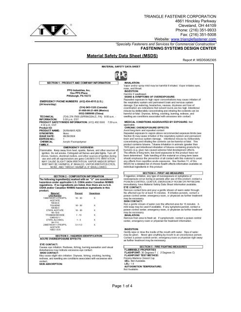 Material Safety Data Sheet (MSDS) - Triangle Fastener