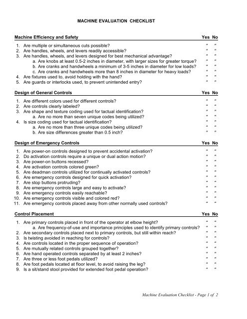 Machine Evaluation Checklist