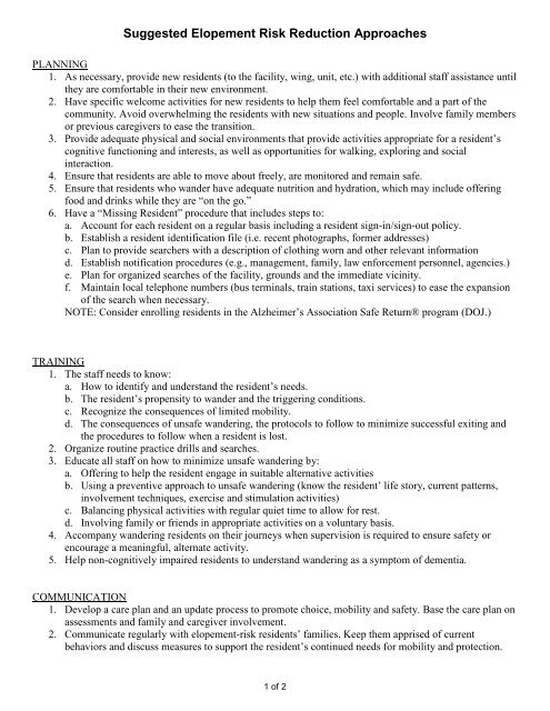 Suggested Elopement Risk Reduction Approaches