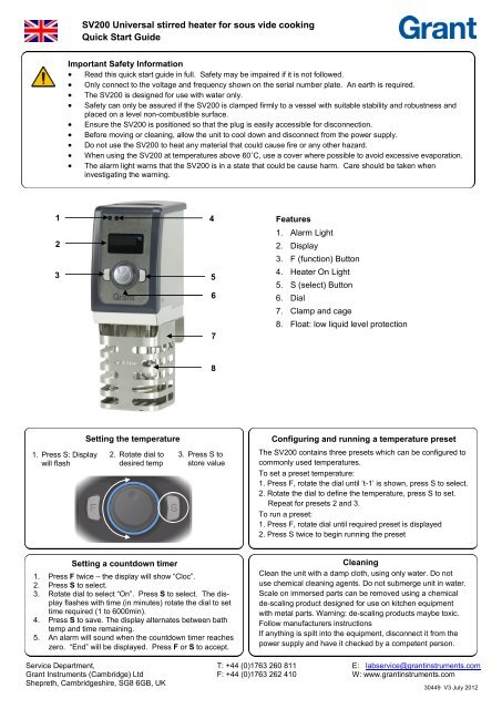 SV200 Universal stirred heater for sous vide ... - Grant Instruments