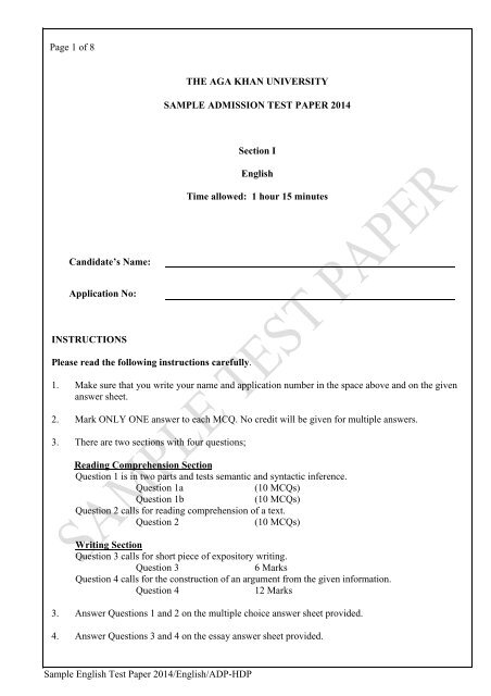Sample Test Paper - Aga Khan University