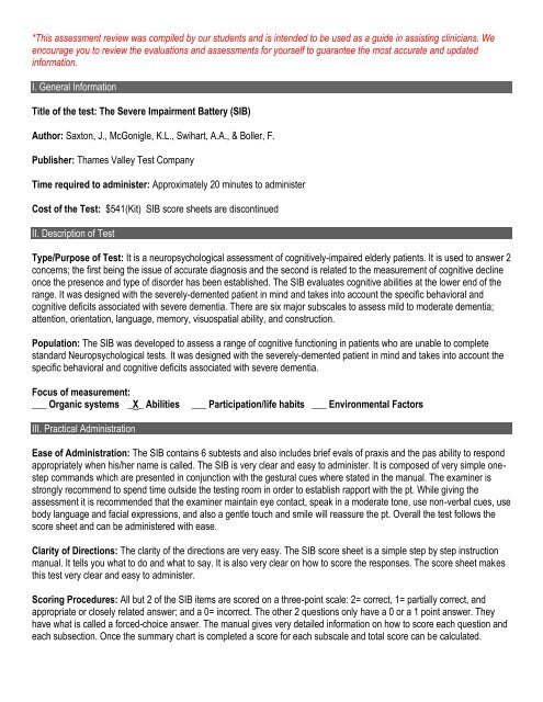 Severe Impairment Battery (SIB)