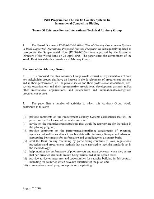 Terms Of Reference For An International Technical Advisory Group