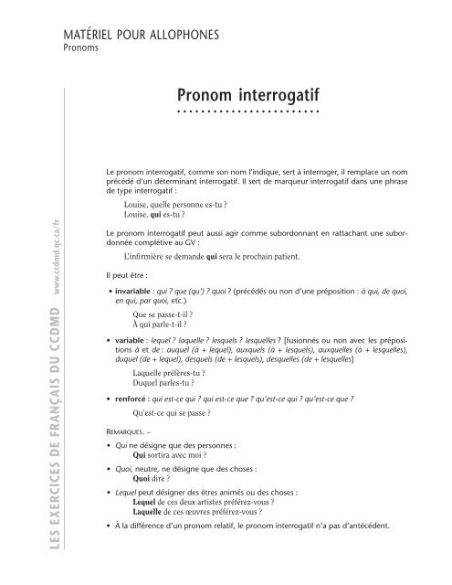 Exercices Pronoms Interrogatifs