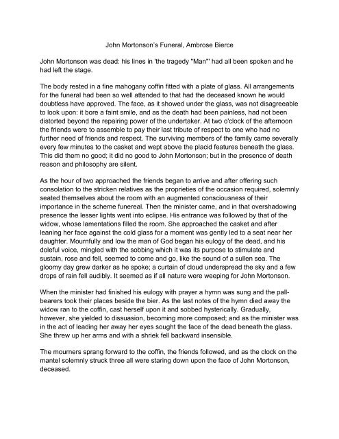 John Mortonson's Funeral, Ambrose Bierce John Mortonson was ...