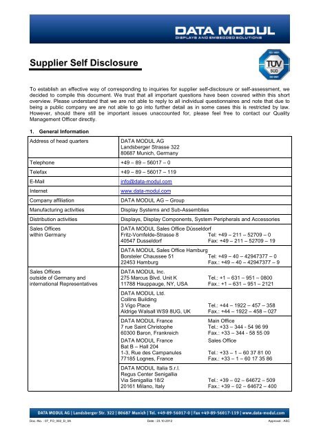 Supplier Self Disclosure - Data Modul