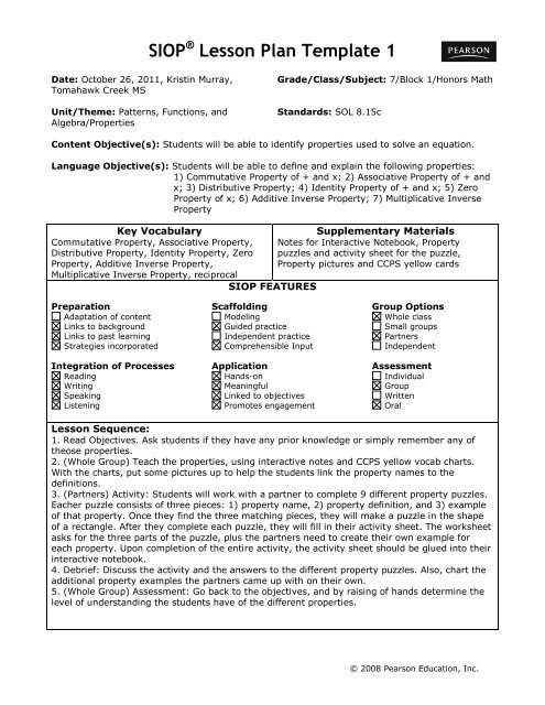 Siop® Lesson Plan Template 1 Act Esl