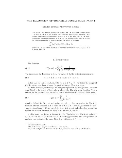 THE EVALUATION OF TORNHEIM DOUBLE SUMS. PART 2 1 ...