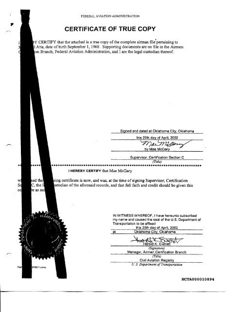 CERTIFICATE OF TRUE COPY - 911Myths