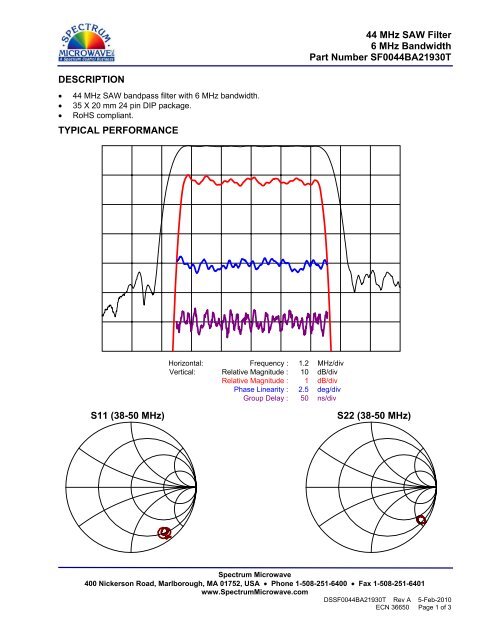 44 MHz SAW Filter 6 MHz Bandwidth Part Number ...