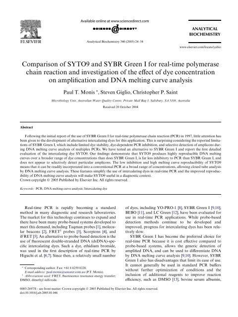 Comparison of SYTO9 and SYBR Green I for real-time polymerase ...