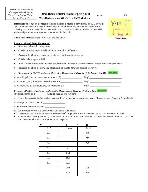 Wire Resistance and Ohm's Law - HPhysics Home Page