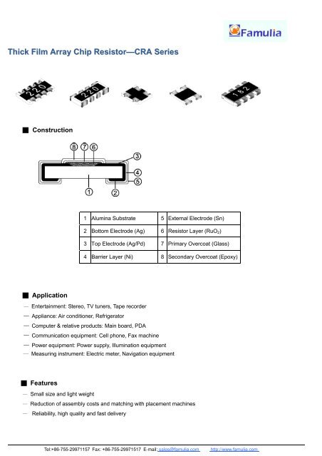 Thick Film Array Chip Resistorâ CRA Series