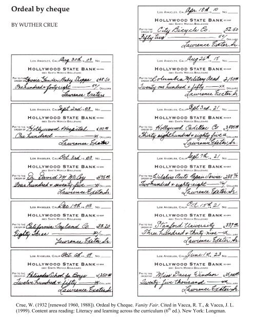 Crue, W. (1932 [renewed 1960, 1988]). Ordeal by Cheque. Vanity ...