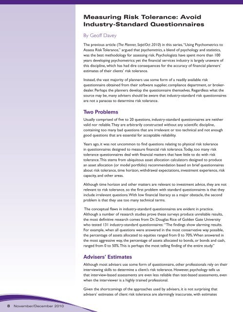 Measuring Risk Tolerance: Avoid Industry-Standard Questionnaires
