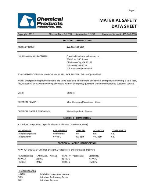 Material Safety Data Sheet - Chemical Products Industries, Inc.