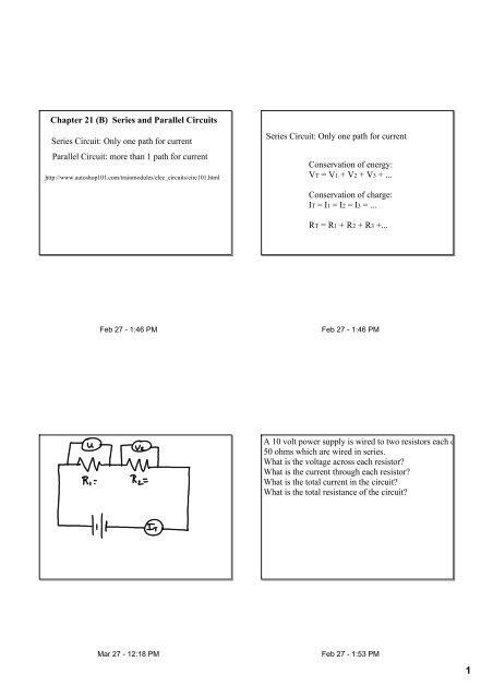 Chapter 21 B Series And Parallel Circuits Series Iona Physics