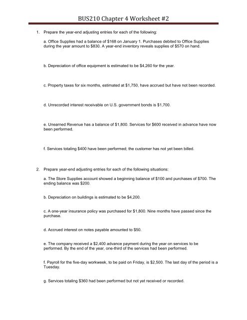 BUS210 Chapter 4 Worksheet #2