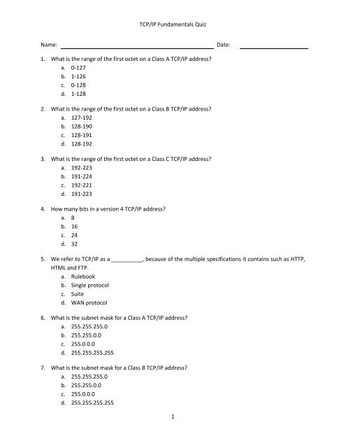 TCP/IP Fundamentals Quiz 1 Name - World Class CAD Home