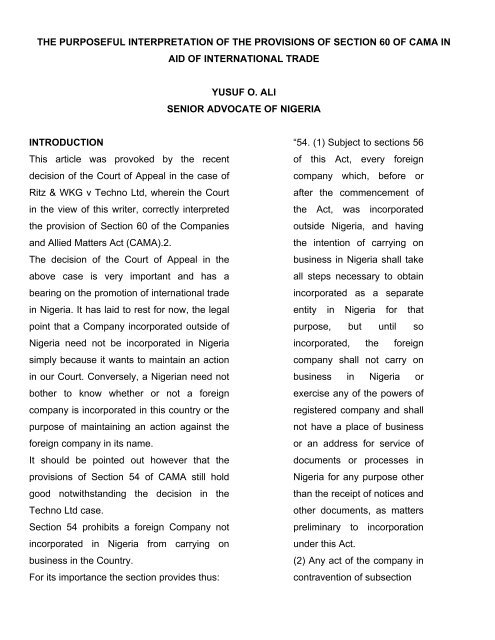 the purposeful interpretation of the provisions of section 60 of cama