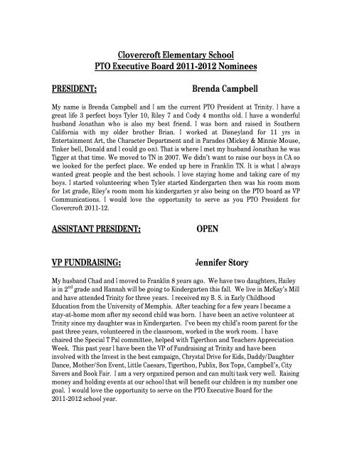 Clovercroft Elementary School PTO Executive Board 2011-2012 ...