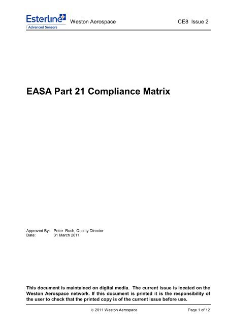 EASA Part 21 Compliance Matrix - Esterline