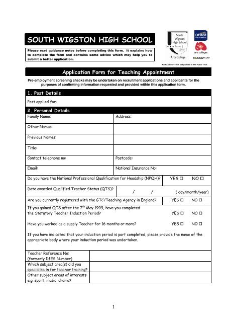 Teacher Application - PDF - South Wigston High School