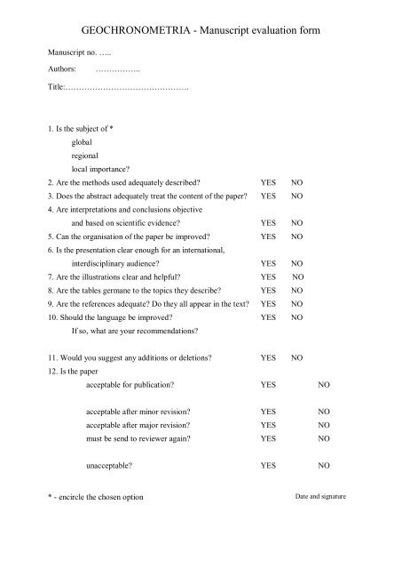 GEOCHRONOMETRIA - Manuscript evaluation form - Versita
