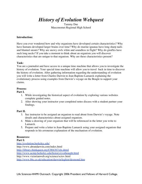 History of Evolution Webquest - Life Sciences Outreach Program
