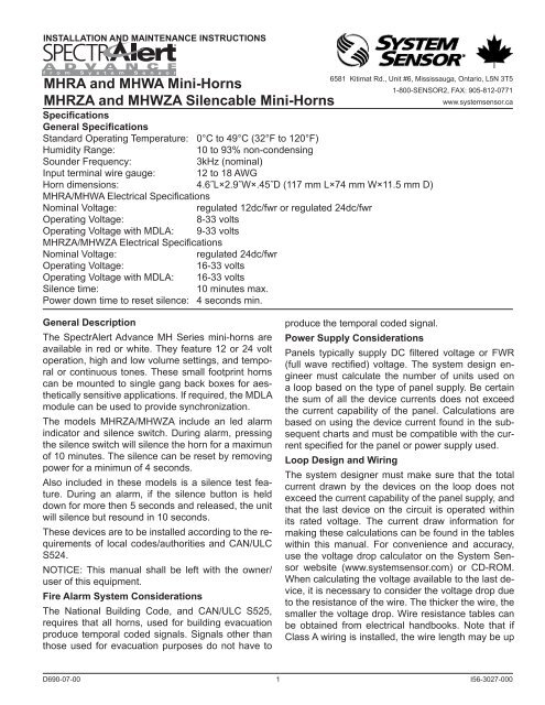 Installation Instructions - System Sensor Canada