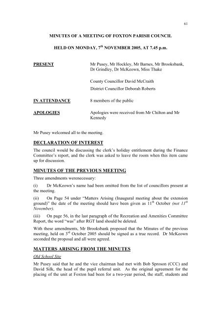 declaration of interest minutes of the previous meeting ... - Foxton