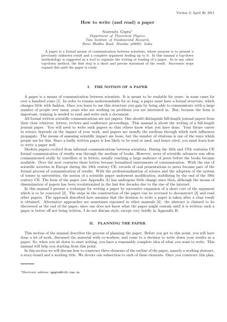 How to write (and read) a paper - Department of Theoretical Physics