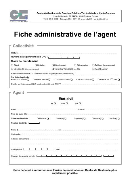 Fiche administrative de l'agent - Centre de gestion de la fonction ...
