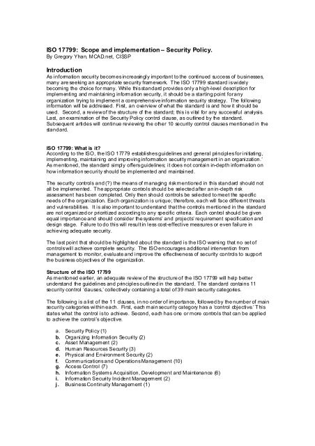 ISO 17799: Scope and implementation – Security Policy. Introduction