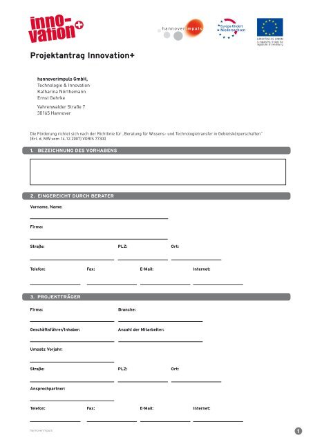 Projektantrag Innovation+ - hannoverimpuls
