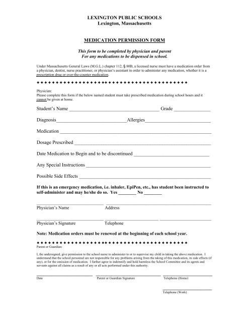 Medications Permission Form - Lexington Public Schools