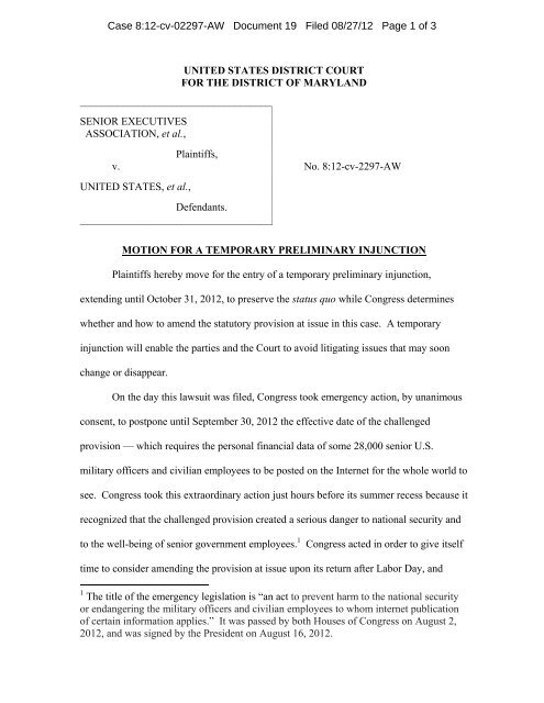 Motion For Temporary Preliminary Injunction Senior Executives 