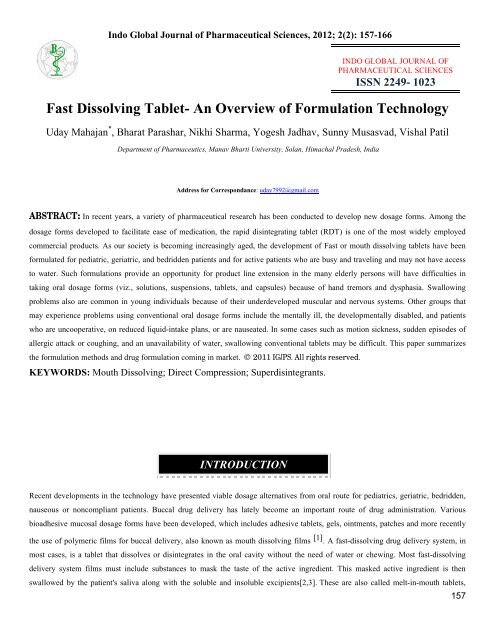 Fast Dissolving Tablet - Indo Global Journal of Pharmaceutical ...