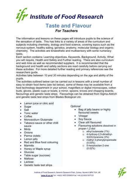 Taste and Flavour activities for Teachers - Institute of Food Research